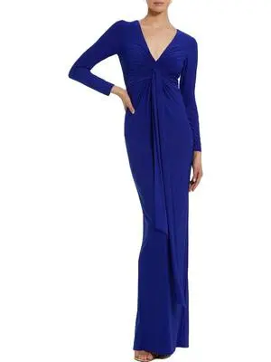 Mac Duggal Long Sleeve Jersey V-neck Gown - Cobalt