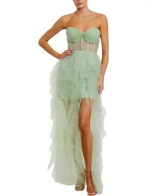Mac Duggal Strapless Bustier Net Gown With Spiral Ruffles - Sage