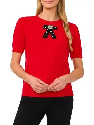 CECE DUPRAZ Embellished Velvet Bow Sweater - Bright Cherry