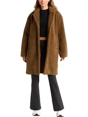 Zella Zella Faux Shearling Longline Coat Brown Teak