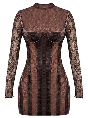 House Of Cb Marica Crushed-velvet Stretch-lace Mini Dress - Brown