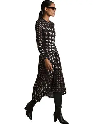 REISS Halle Houndstooth Midi Dress - Black