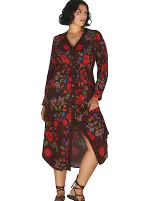 BL-NK Rikke Long-sleeve Button-front Midi Dress - Brown Pattern