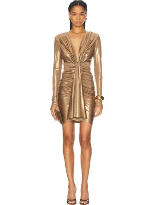 Lapointe Coated Jersey Deep V-neck Mini Dress - Pale Gold