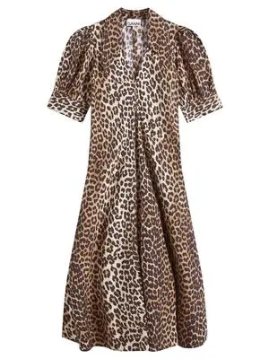 GANNI Printed Poplin Midi Dress - Leopard