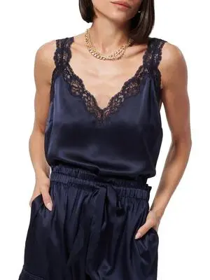 Cami Nyc Fernanda Lace Trim Silk Charmeuse Tank - Navy