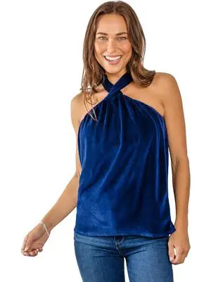 JJWINKS Cosmo Built-in Shelf Velour Halter Top - Sapphire