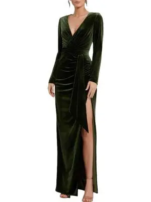 Mac Duggal Long Sleeve Draped Velvet Gown - Olive