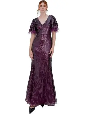 RAISHMA Sequin Embellished Gown With Feathered Sleeves - Purple
