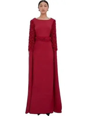 RAISHMA Louisa Gown With Rosette Textured Sleeves - Red