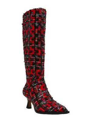 Betsey Johnson Pamella Knee High Boots - Red Plaid Sequin