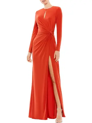 Mac Duggal Long Sleeve Draped Gown - Brick Red