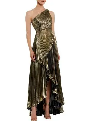Mac Duggal Pleated Metallic One-shoulder Gown - Gold