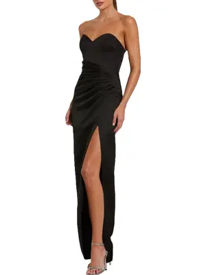 Mac Duggal Strapless Satin Bustier Gown With Bow - Black Ivory
