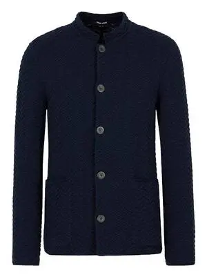 Giorgio Armani Single-breasted Jacket In Chevron Ottoman Wool - Blue
