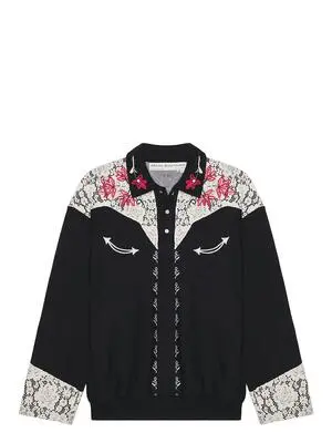 ADVISORY BOARD CRYSTALS Western Shirt Style Collared Crew In Black - Black & Ecru Lace