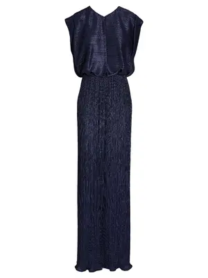Costarellos Metallic Plissé Jersey Gown - Dark Purple