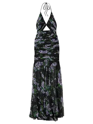 Carolina Herrera Cutout Ruched Floral-print Silk-georgette Halterneck Gown - Black