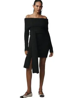 Endless Rose Off-the-shoulder Belted Sweater Dress - Black