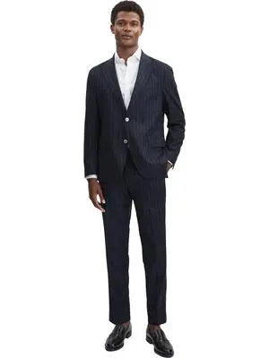 OSCAR JACOBSON 100% Wool Slim-fit Pinstripe Suit Trousers - Navy