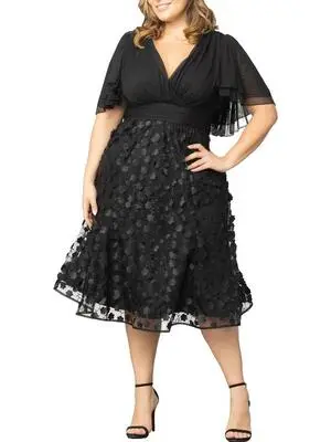 KIYONNA Pretty Petals Flutter Sleeve Cocktail Dress - Onyx Blossoms