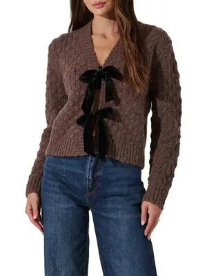 Astr The Label Velvet Bow Cardigan - Brown