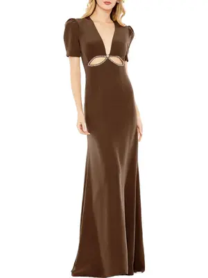 Mac Duggal Plunge Neck Puff Sleeve Cut Out Gown - Espresso