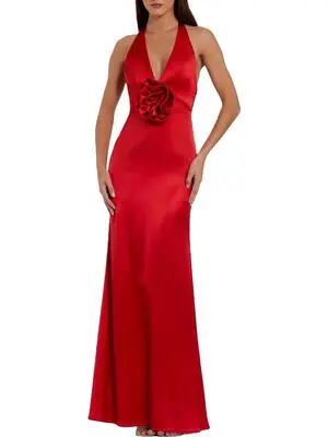 Mac Duggal Fitted Satin Halter Gown With 3d Flower - Red