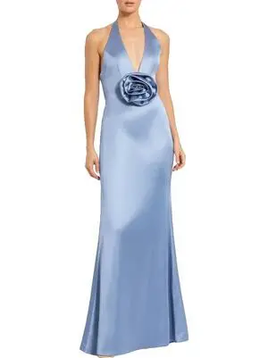 Mac Duggal Fitted Satin Halter Gown With 3d Flower - Slate Blue