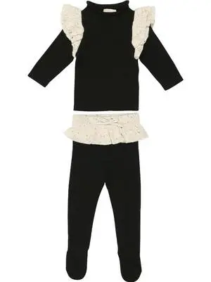 MANIÈRE Flecked Ruffle Long Sleeve Stretch Cotton Top & Leggings Set - Black White