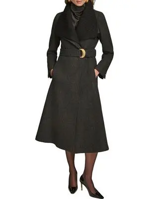 Donna Karan New York Rib Belted Wool-blend Wrap Coat With Bib - Black