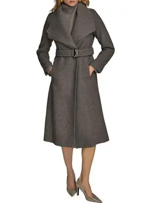 Donna Karan New York Rib Belted Wool-blend Wrap Coat With Bib - Steel