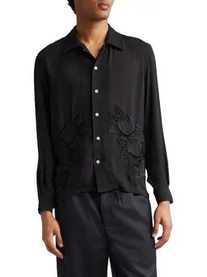 BODE Midnight Daffodil Long Sleeve Silk Button-up Shirt - Black