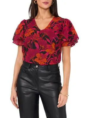 Vince Camuto Floral Chiffon Top - Cherry Noir