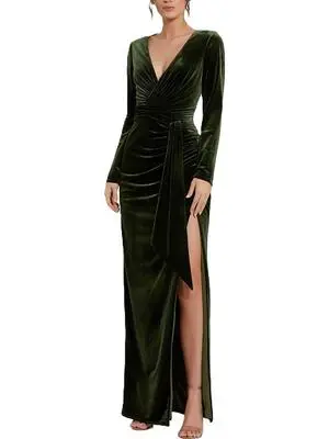 Mac Duggal Long Sleeve Deep V-Neck Draped Velvet Gown Olive