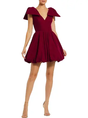 Mac Duggal Velvet Bubble Mini Dress With Shoulder Bow - Berry