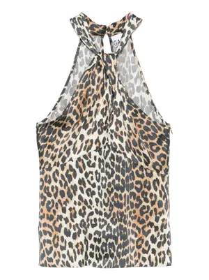 GANNI Leopard-print Satin Halterneck Top - Neutrals