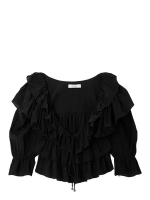 Chloé Ruffled Cropped Floral-jacquard Blouse - Black