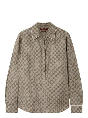 Gucci Monogram-print Silk-satin Shirt - Brown