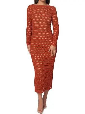 JLUXLABEL Serene Wonders Open Stitch Long Sleeve Dress - Red