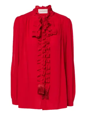 Valentino Garavani Silk Crepe De Chine Ruffled Blouse - Red