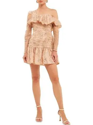 Endless Rose Sequin One-shoulder Mini Dress - Gold Beige
