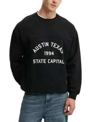 COTTON ON Box Fit Graphic Crewneck Sweater Black Austin Texas