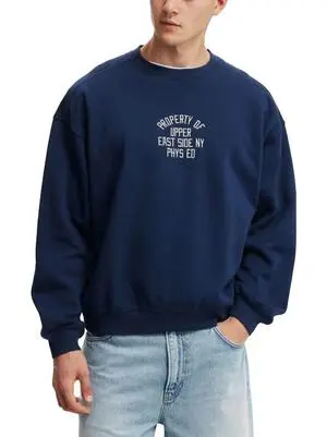 COTTON ON Box Fit Graphic Crewneck Sweater Indigo Property Of