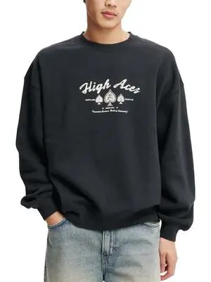 COTTON ON Box Fit Graphic Crewneck Sweater Washed Black High Aces