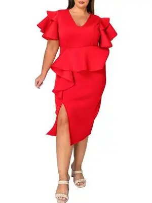 L I V D Kira Neoprene Peplum Dress - Red