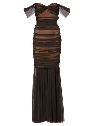 Norma Kamali Walter Ruched Mesh Gown - Brown