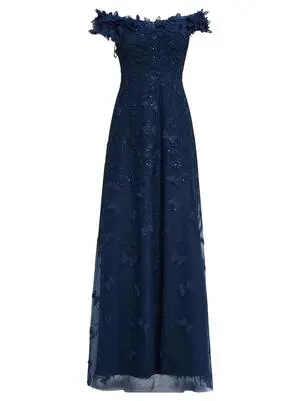 Rickie Freeman For Teri Jon Floral Embroidered Tulle Gown - Navy