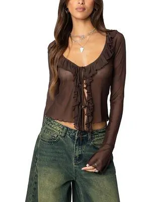 EDIKTED Sheer Mesh Ruffled Top - Brown