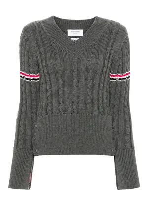 Thom Browne Rwb-stripe Cable-knit Jumper - Grey